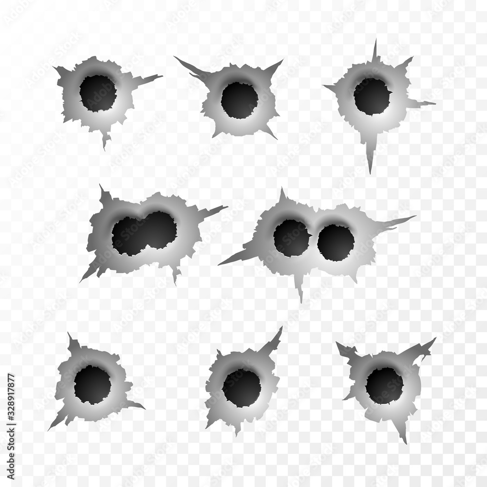 Bullet Hole. Torn surface from bullet. Ripped metal on transparent ...