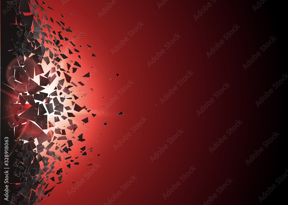 Abstract cloud of pieces and fragments after explosion. Shatter and ...
