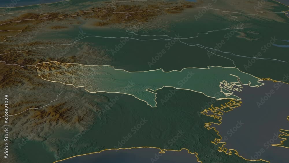 Tokyo, metropolis with its capital, zoomed and extruded on the relief ...