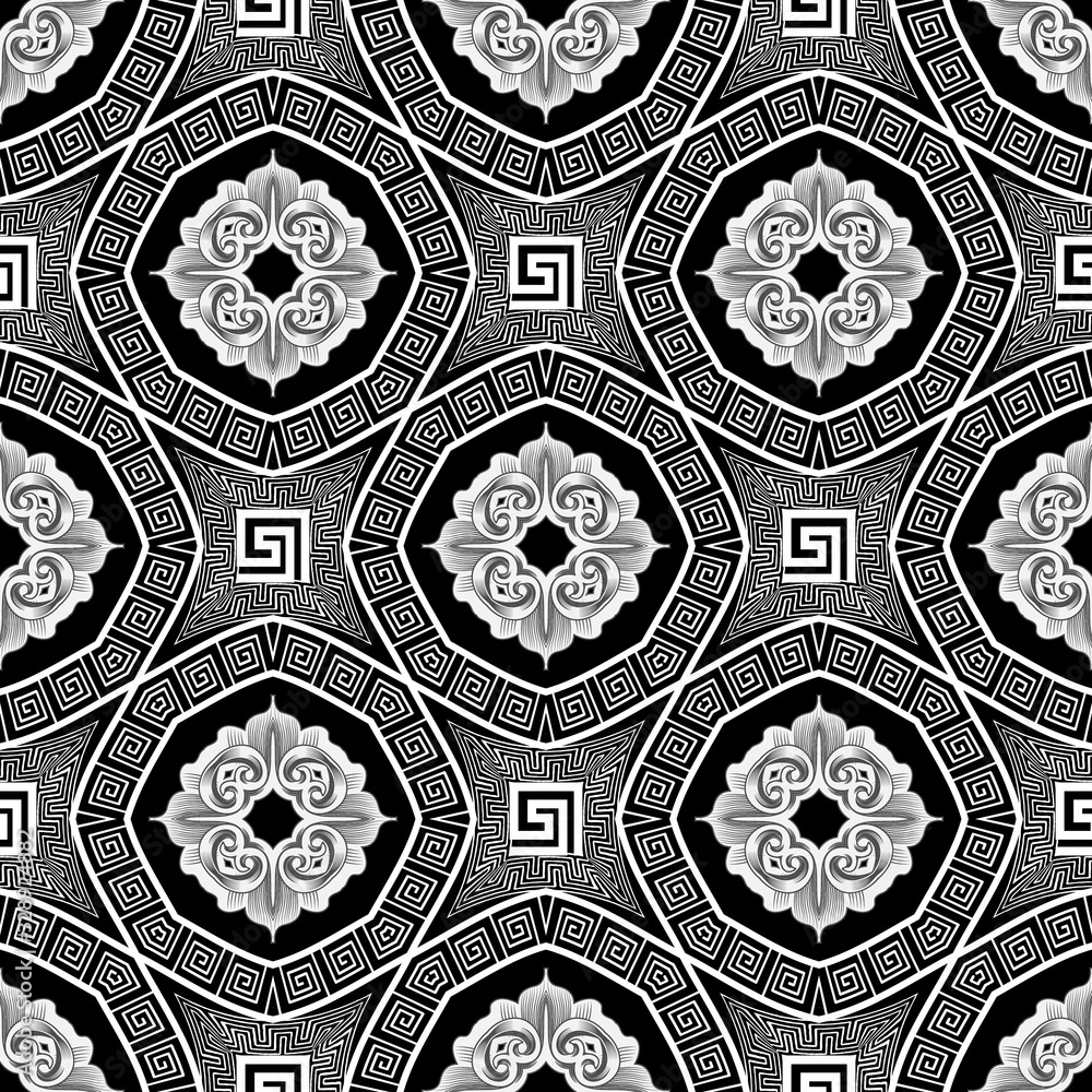 Floral ethnic seamless pattern. Vector black and white greek background ...