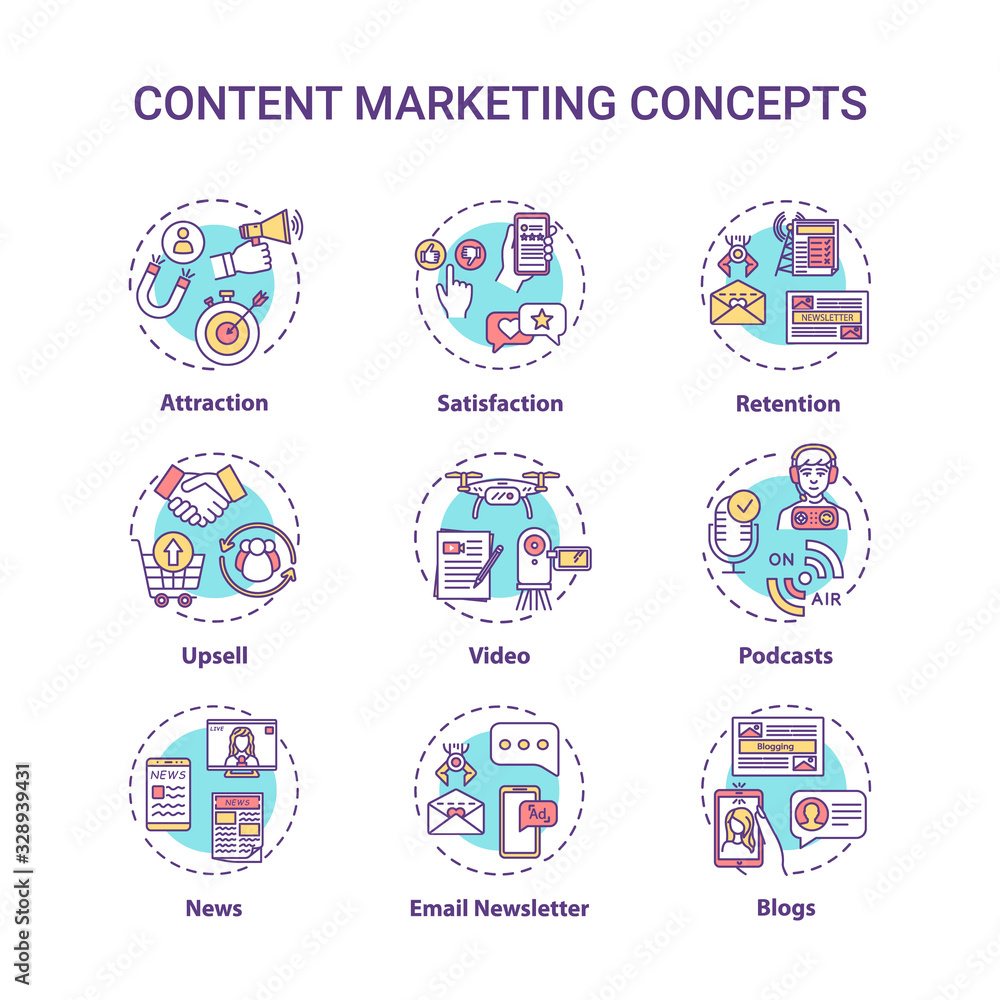 Content marketing concept icons set. Internet advertising, online ...