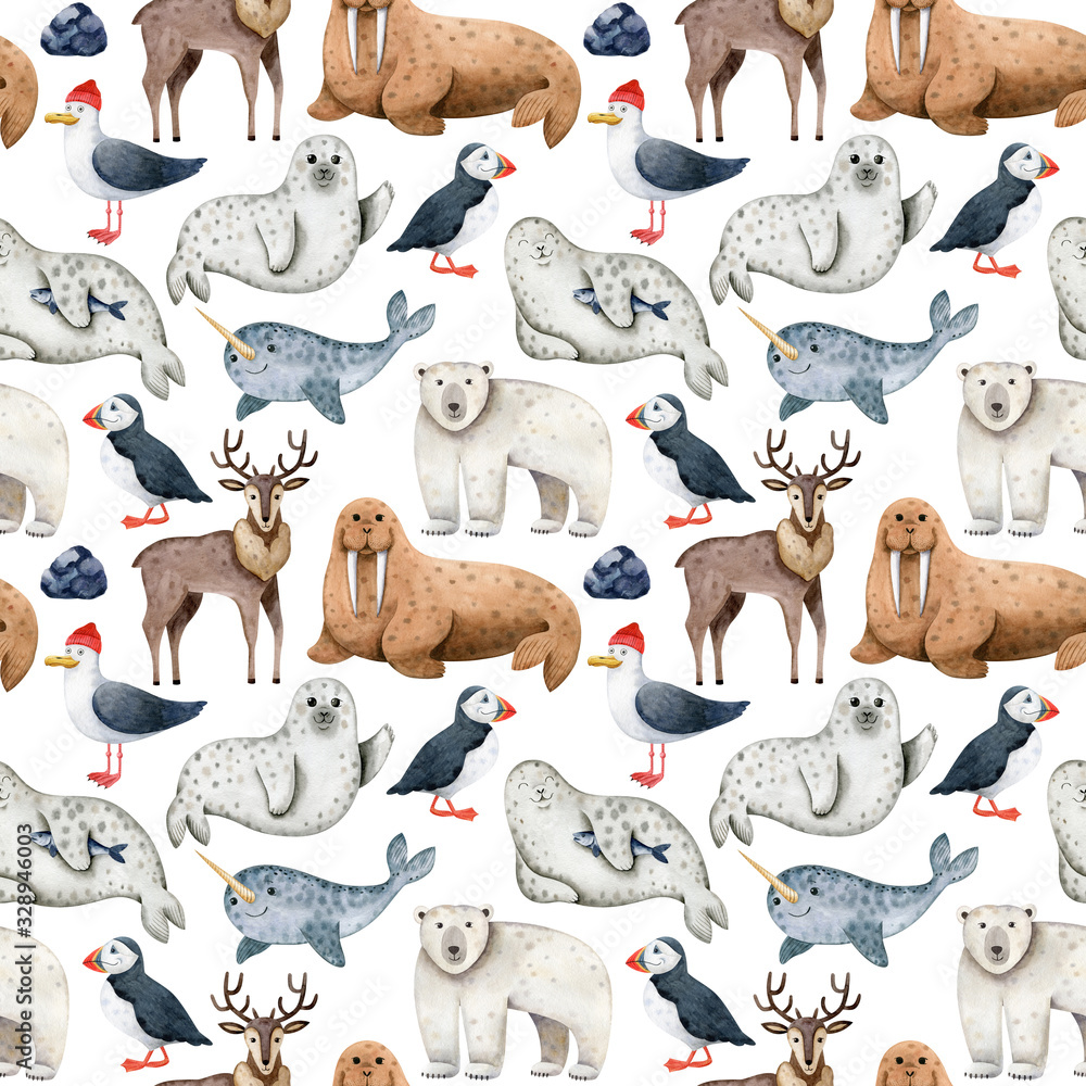 Seamless pattern with watercolor polar animals on white background ...