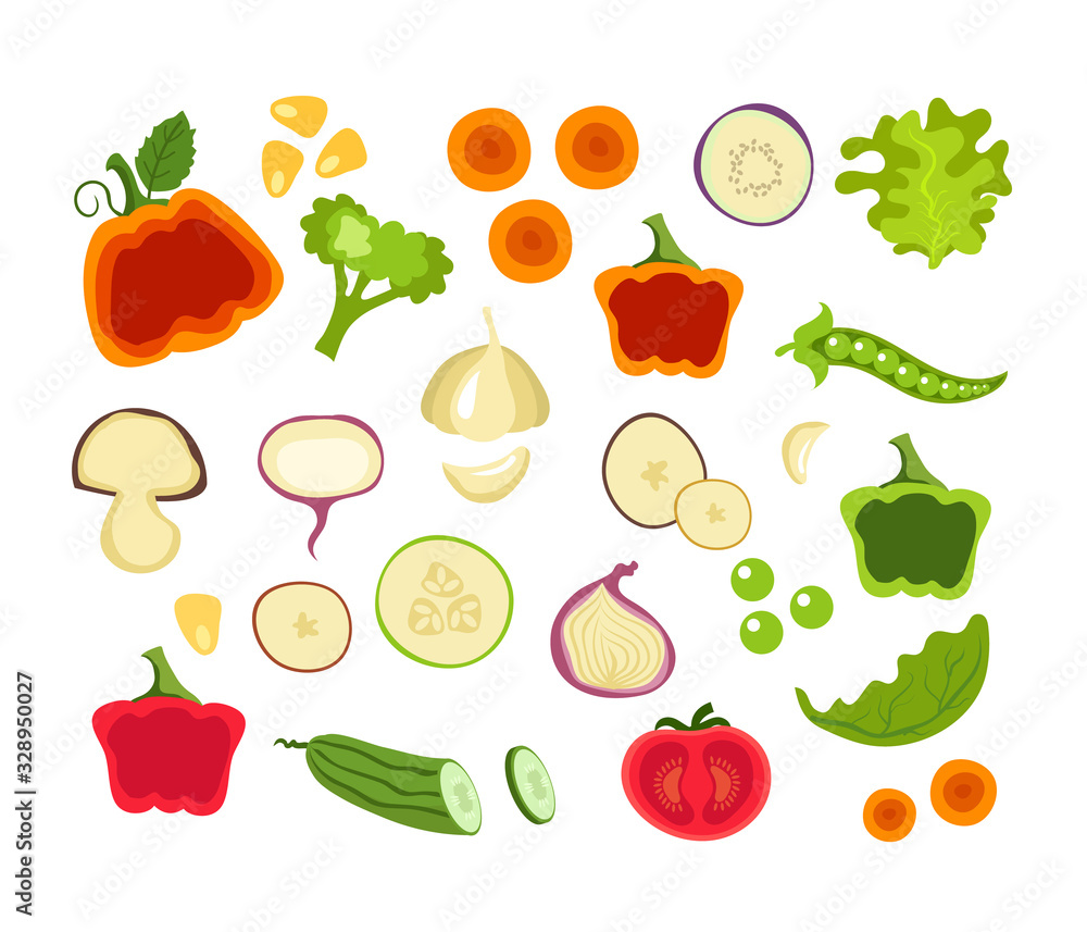 Vegetables cut slice half isolated set collection. Vector flat graphic ...