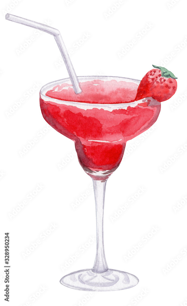 Watercolor Hand Drawn Red Strawberry Daiquiri Cocktail In Glass