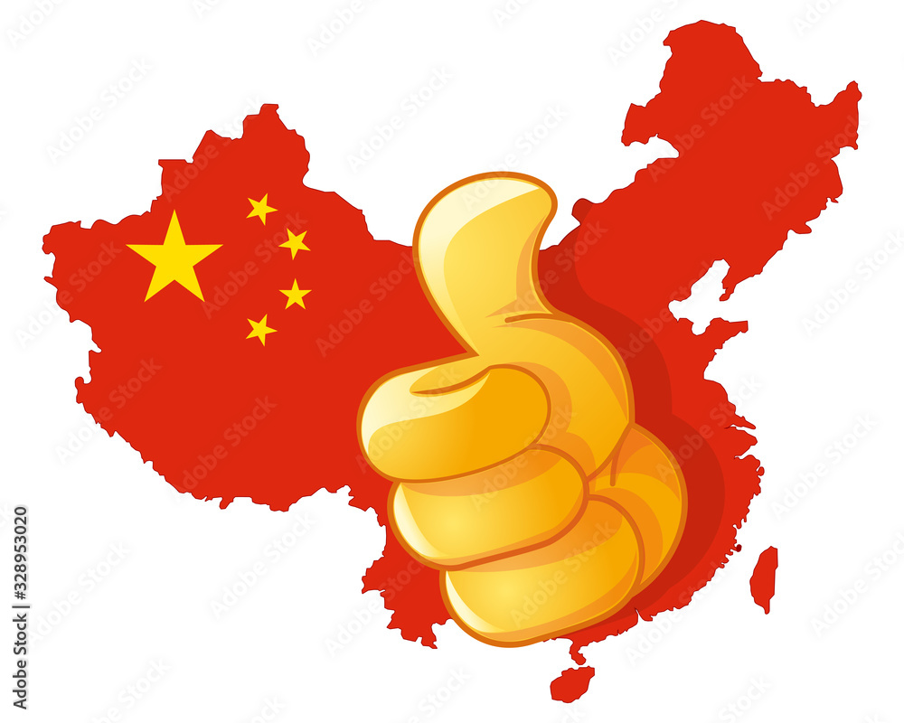 Thumb up on the background of the map of China. Love China. Gesture in ...