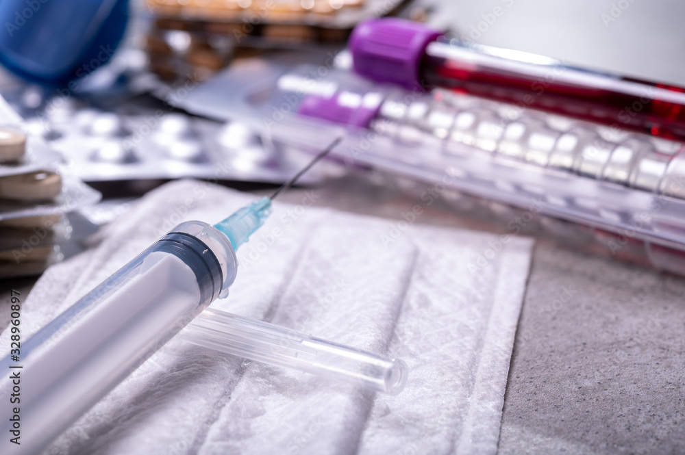 Medical test-tubes with blood samples for screening of virus, flu or ...