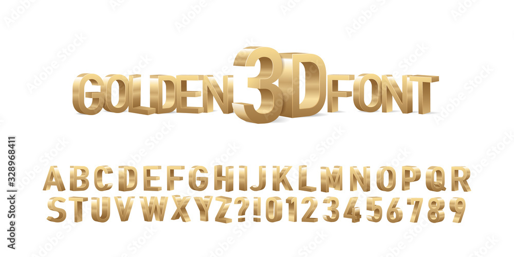 Golden 3D font. Vector Alphabet letters and numbers. Shiny modern gold 3D alphabet, isolated on ...