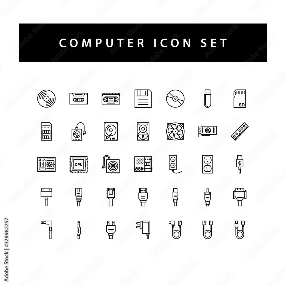 computer hardware icon set with black color outline style design. Stock ...