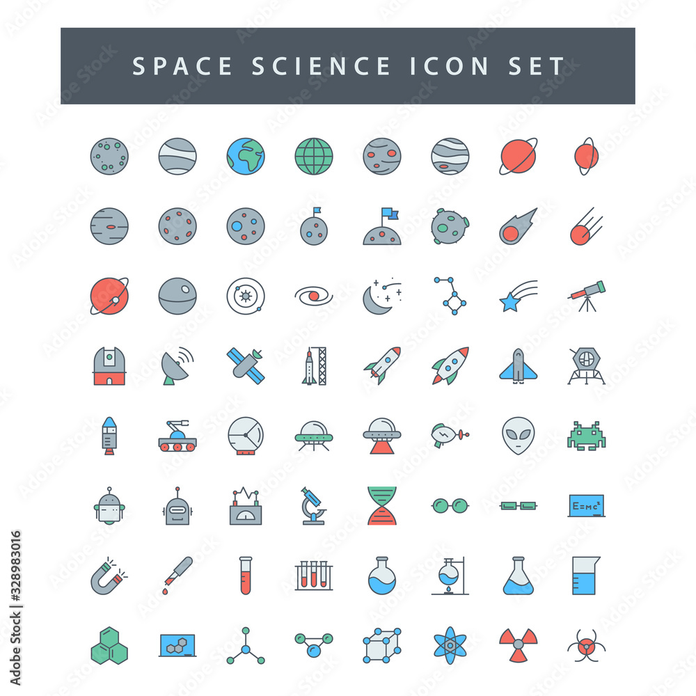 space and science icon set with filled outline style design. Stock ...