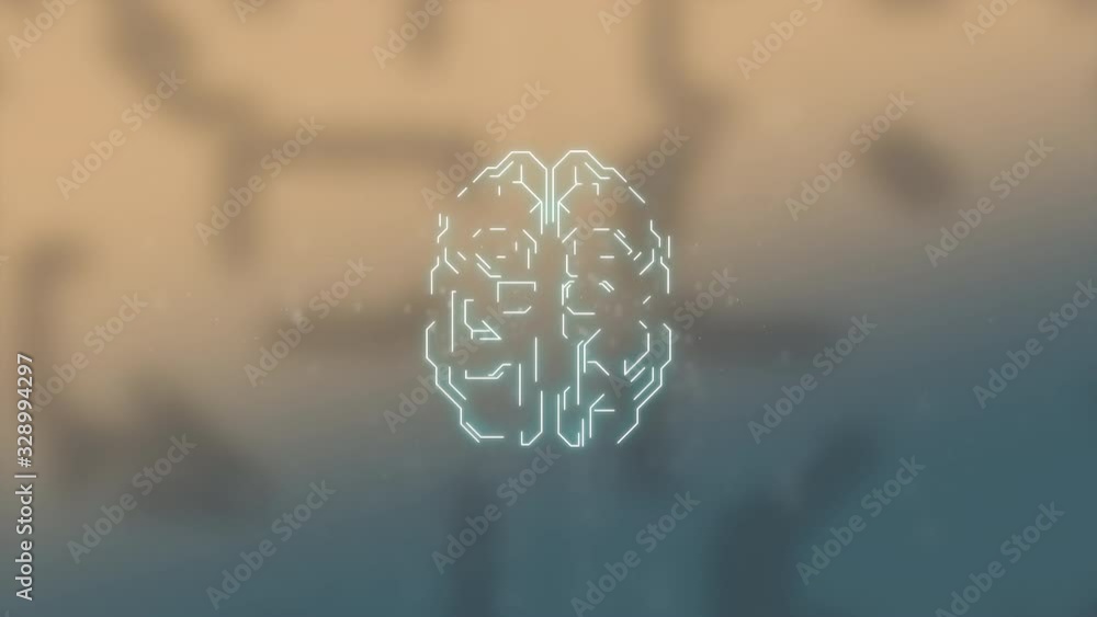 Animated 3d model of human brain over light blurred background and pulsing electrical brainwaves ...