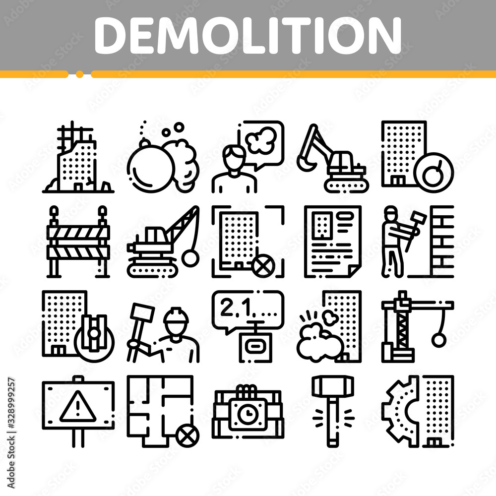 Demolition Building Collection Icons Set Vector. Crane With Wrecking ...