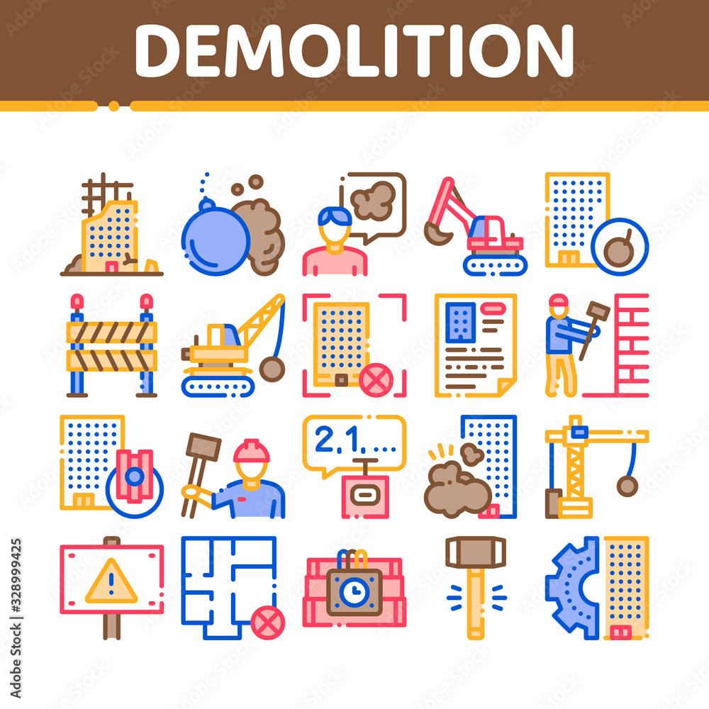 Demolition Building Collection Icons Set Vector. Crane With Wrecking ...