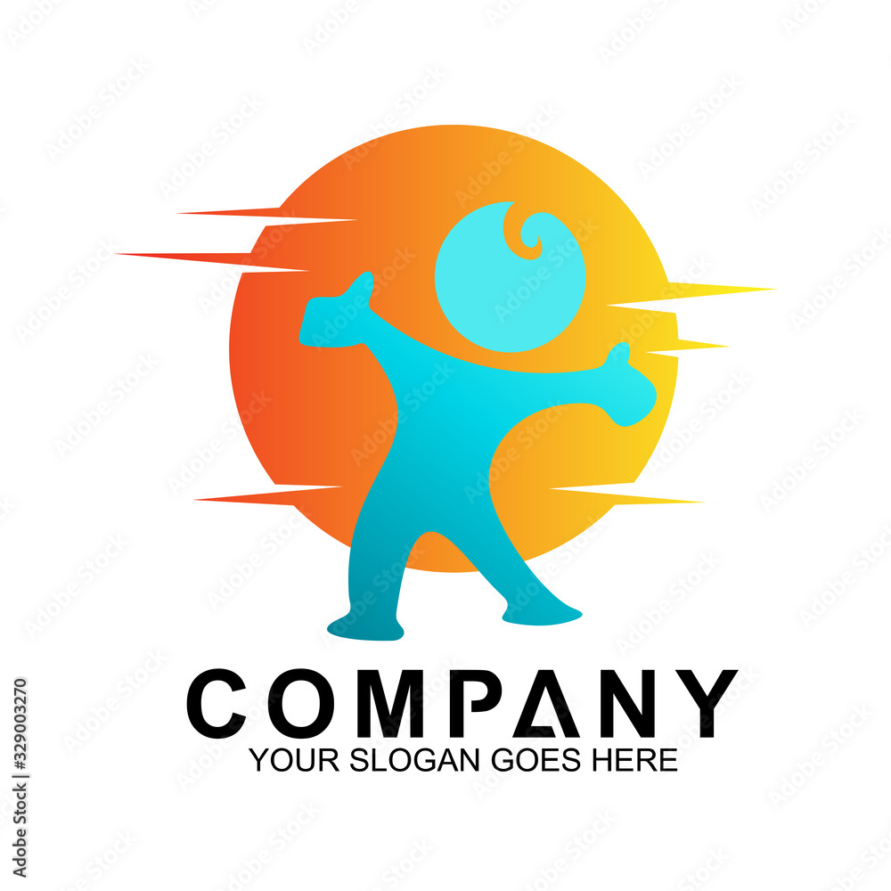 Logo of a happy little boy. Vector logo of child with sun behind ...