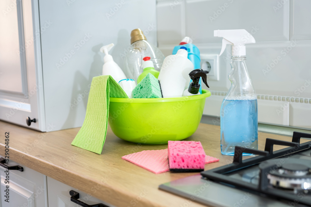 different items for cleaning your kitchen. Concept cleaning. Stock ...