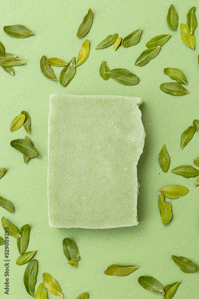 Natural soap of green color with eucalyptus leaves on a green ...