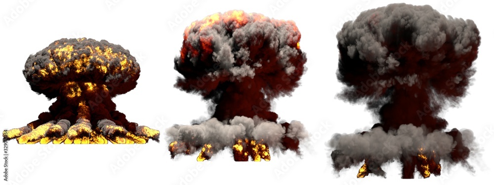 3D illustration of explosion - 3 large different phases fire mushroom ...