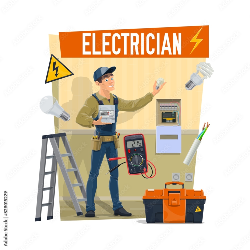 Electrician with equipment, toolbox and work tools. Cartoon vector ...