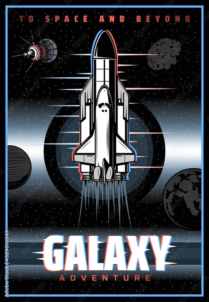 Spaceship outer space and galaxy exploration retro poster with glitch ...