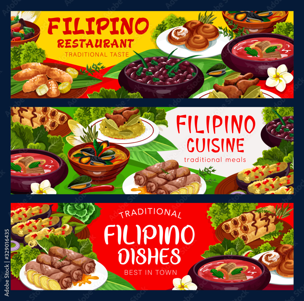 Filipino cuisine banners, national food dishes and meals. Ensaimada ...