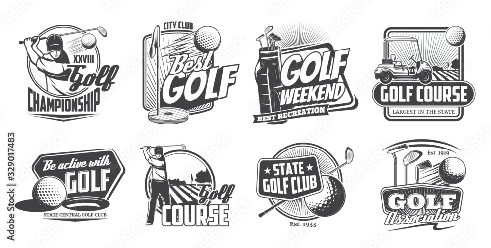 Golf sport and players isolated vector icons set. Golf club association ...