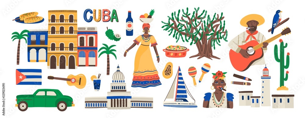 Set of various traditional Cuba colorful attributes vector flat ...