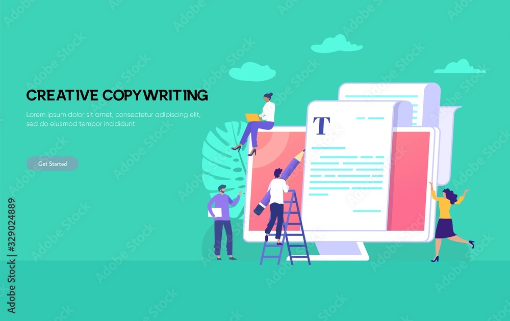 copywriting vector illustration concept, happy man and woman typing ...