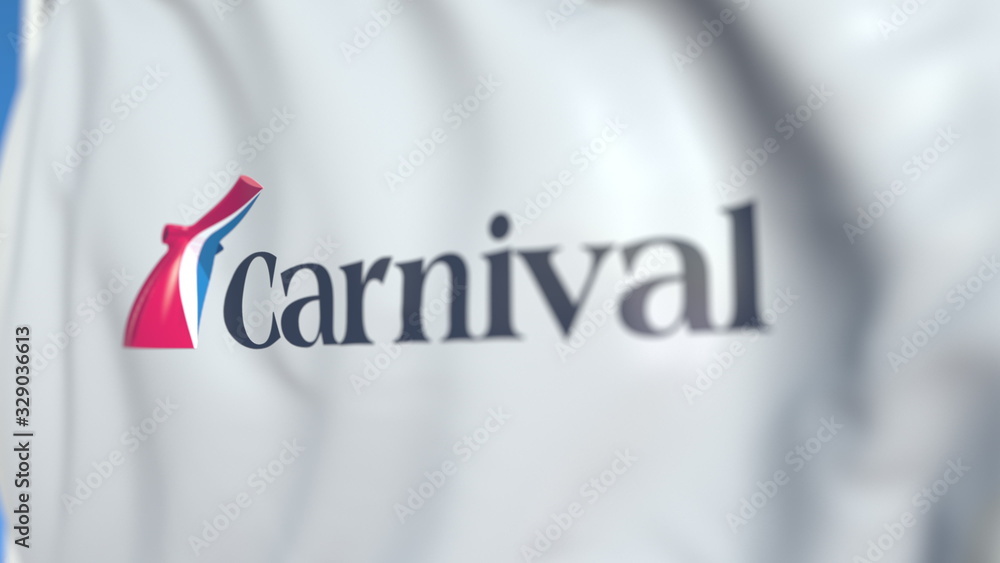 Flying flag with Carnival Cruise Line logo, close-up. Editorial 3D ...