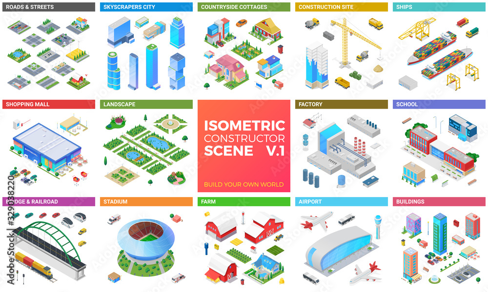 Isometric scene vector design kit: skyscrapers city, buildings ...