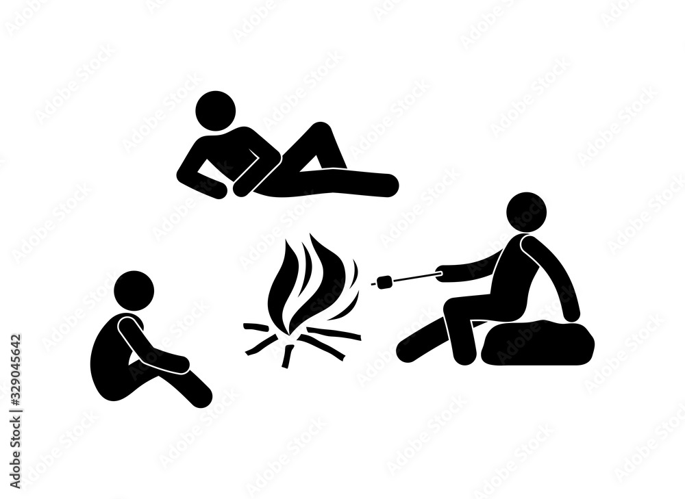 people are sitting by the fire, outdoor recreation illustration, stick ...