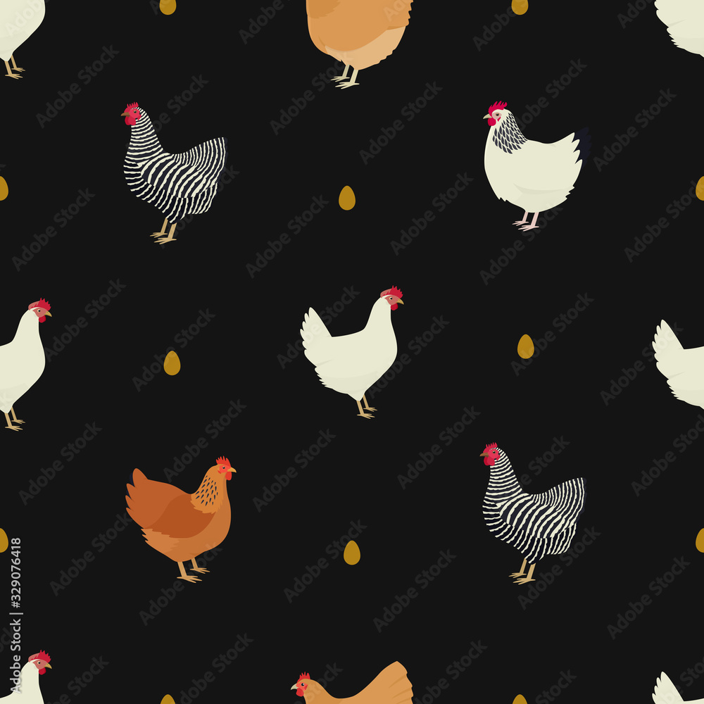 Chicken breeds Black background Seamless pattern Flat vector ...