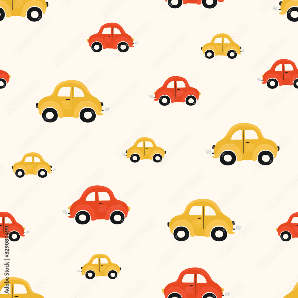 Cute children's seamless pattern with red and yellow small cars on a ...