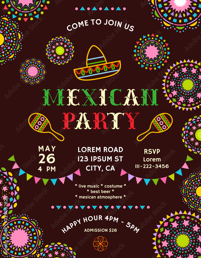 Mexican party announcing poster template with decorative elements ...
