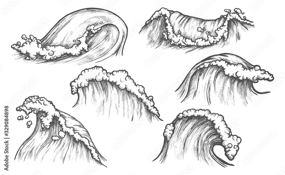 Waves, sea water splashes ocean tide surfs, sketch Stock Vector | Adobe ...