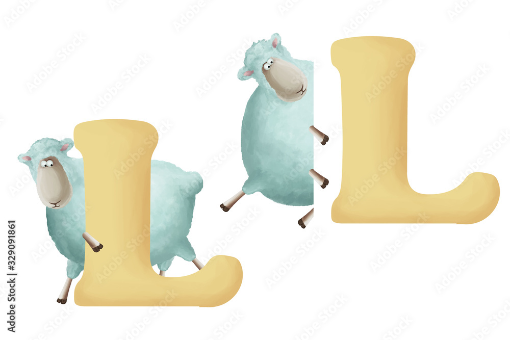 Cute little sheep with letter "L" on white background. Learn alphabet ...