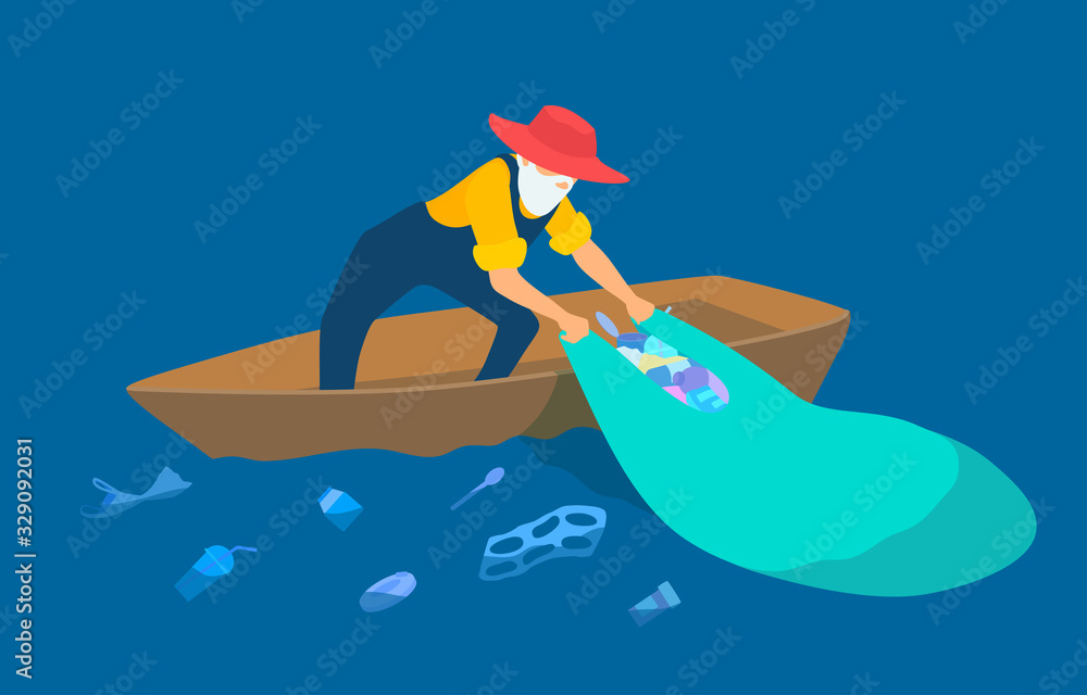 Water pollution. Fisherman catches garbage, trash instead of fish with ...