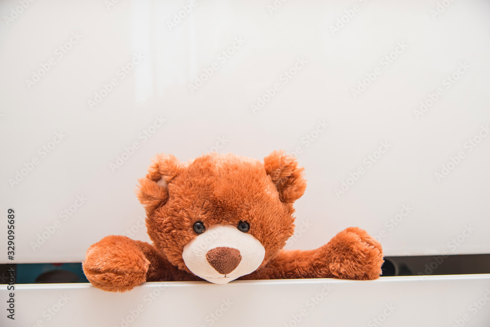 Brown plush toy Teddy bear crawling out of chest of white drawers Stock ...