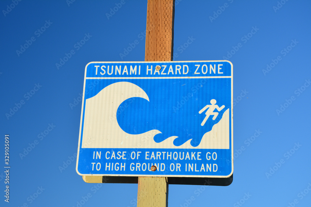 Tsunami hazard zone sign board on Venice beach. Stock Photo | Adobe Stock
