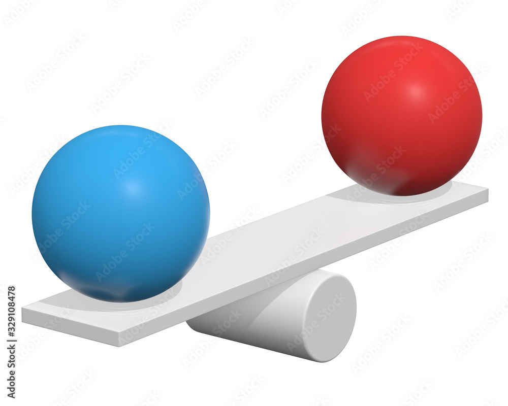 Simple seesaw scales weighing two abstract spheres. Balance, comparison ...