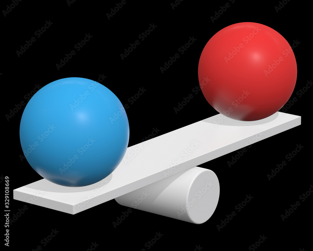 Simple seesaw scales weighing two abstract spheres. Balance, comparison ...