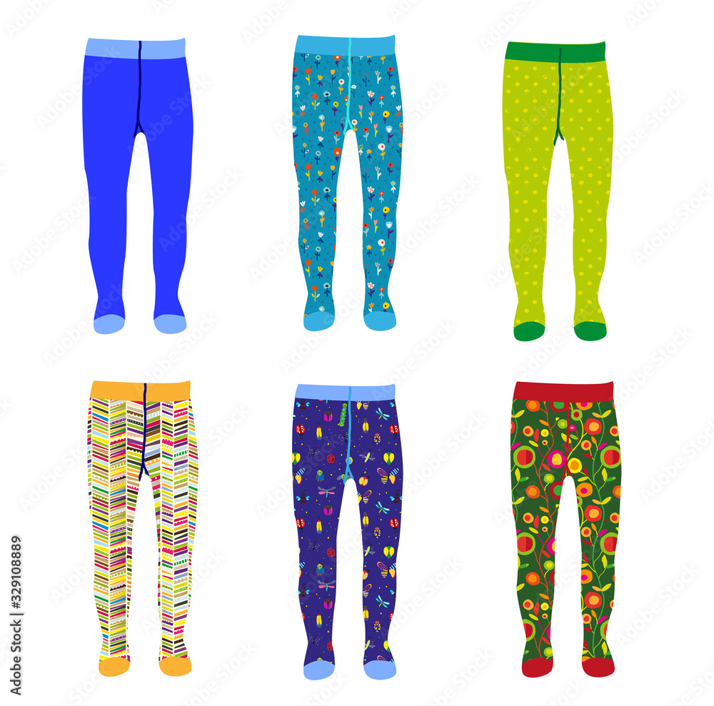 Tights for kids with different pattern and designs set. Vector graphic ...