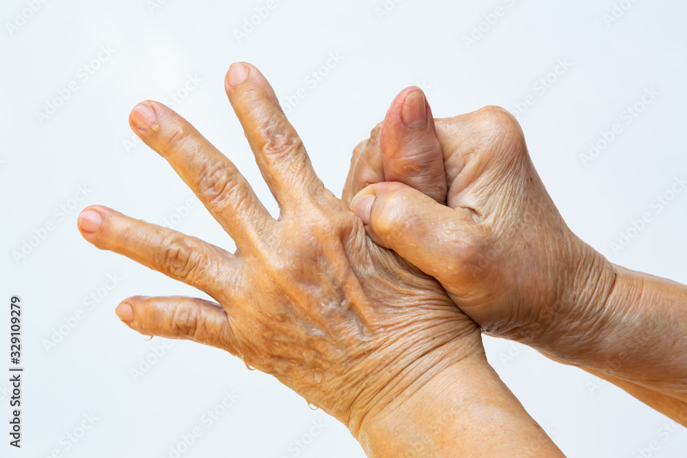 Senior woman's hands washing her hands in step 5 on white background ...