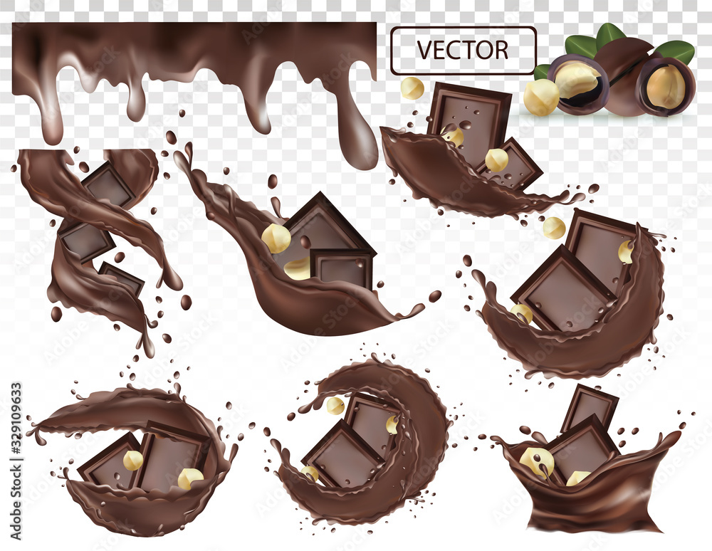 Chocolate splash with nuts macadamia. Piece chocolate with drops on ...