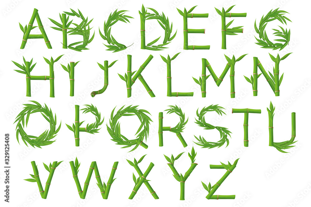 Bamboo letter alphabet. Green alphabetic eco font on white background ...