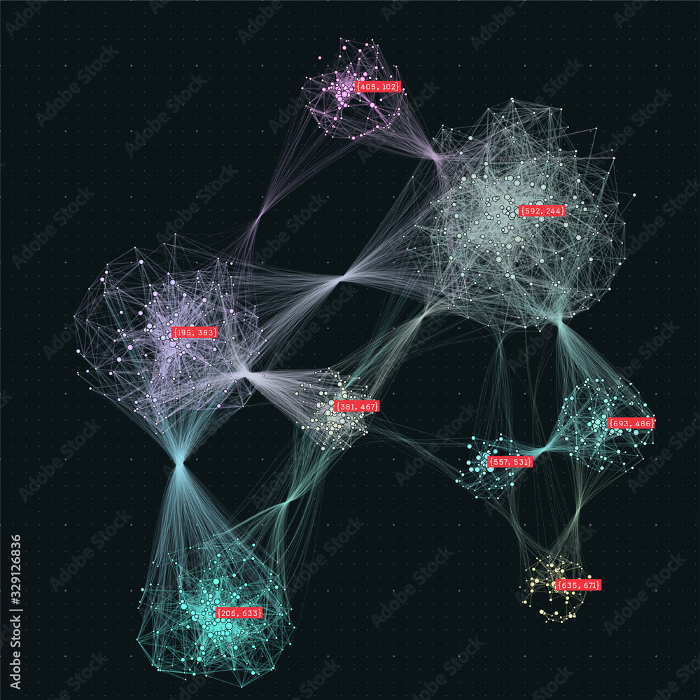 Big data visualization. Cluster computing network. Social media ...