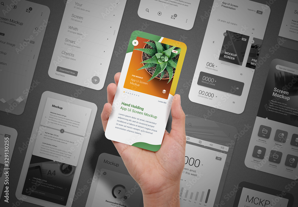 Hand Holding App Ui Screen with 11 Screens in the Background Mockup ...