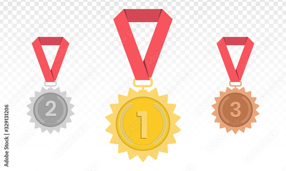 Medal- gold, silver, bronze. 1st, 2nd and 3rd place. Trophy with red ...