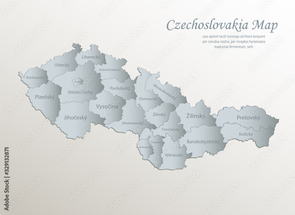 Czechoslovakia map, administrative division with names, white blue card ...