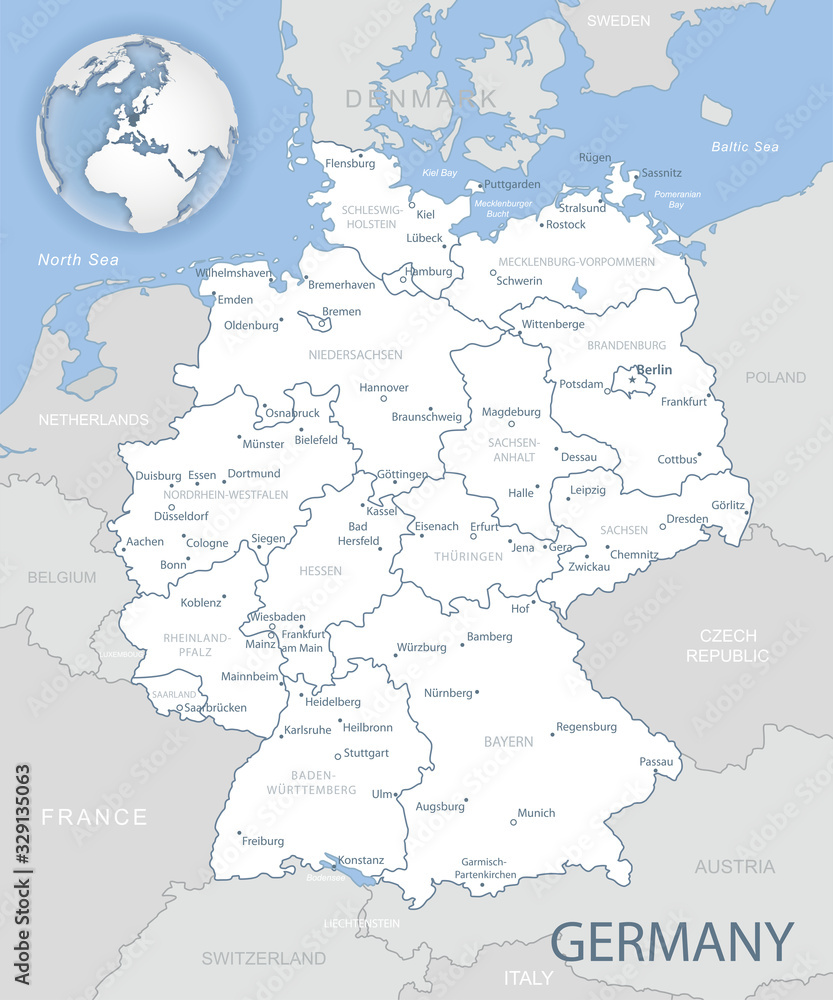 Blue-gray detailed map of Germany with administrative districts and ...