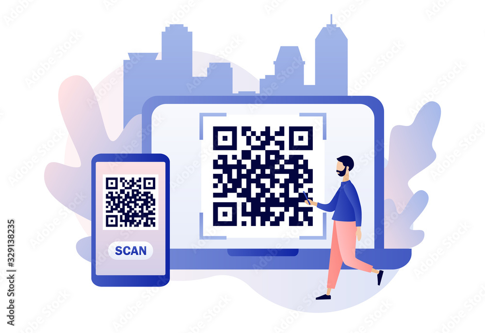 QR Code scanning concept. Tiny male scan code using smartphone and ...