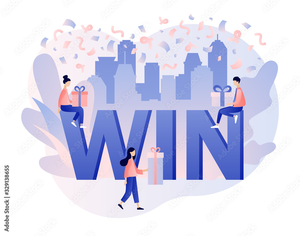 WIN text on falling down confetti background. Congrats winner. You Win ...